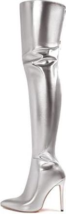 Generic Bottes Femme Métalliques Cuissardes Bout Pointu Talons Aiguilles Hauts Tige Cuir PU Fermeture Éclair Confortables Soirée Club Mode,Argent,46.5 EU