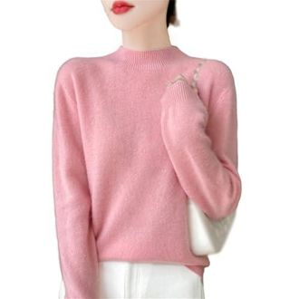 Generic Pull en cachemire pour femme, 100 % laine, sans couture, demi-col roul&eacute;, manches longues, col rond, rose, XXL