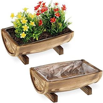 Relaxdays Blumenkasten Holz, 2er Set Pflanzkasten, HBT: 12,5 x 29,5 x 20 cm, au&szlig;en & innen, Pflanzfass mit Folie, braun