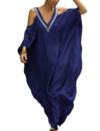 Bsubseach Plus Gr&ouml;&szlig;e Kaftan Abdeckungen Ups f&uuml;r Bademode Frauen Kalte Schulter Badeanzug Abdeckung Up Kaftan Kleid Navy Blau