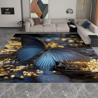 Generic Tapis Salon Lavable Bleu Foncé 160 x 230 cm, Magnifique Papillon Surface De leau Imprimé Pile Courte et Douce Antidérapant Rectangulaire Tapis pour Ch