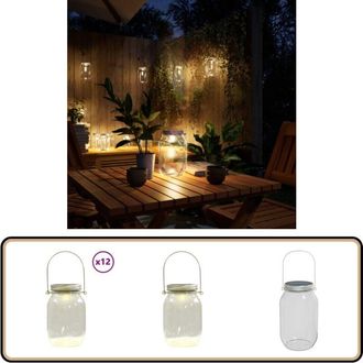 vidaXL Solarleuchten Einmachglas-Design 12 Stk. Warmwei&szlig; - Solarlaternen - Outdoorbeleuchtung - Gartenlampen - LED-Gartenlampe - Einmachgl&auml;ser Deko