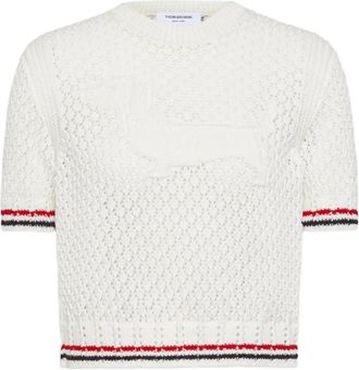 Thom Browne Femme, Pulls, Blanc, Taille: 36 FR Cotton Pointelle Stitch Hector RWB Tee