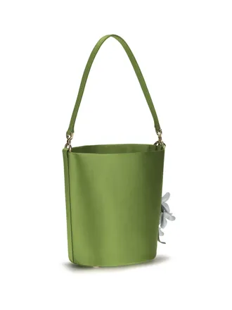 Self Portrait Satin with Removable Bow Charm Bucket Bag - Green