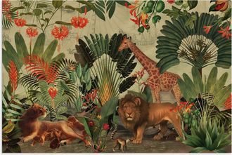 Artland ARTland Wanddeko Wandbild Alu Verbundplatte für Innen & Outdoor Bild 120x80 cm Tiere exotische Pflanzen Löwe Giraffe Dschungel Afrikas Vintage U5HC