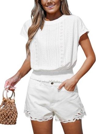 Cupshe Haut d&eacute;t&eacute; sans manches &agrave; oeillets pour femme Col rond Taille smock&eacute;e Ourlet &agrave; volants Broderie Anglaise Chemisier d&eacute;contract&eacute;, blanc, XL