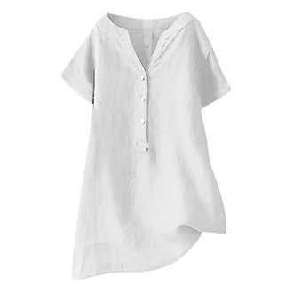 Generic Mrat Haut d&eacute;contract&eacute; en lin pour femme - Chemise d&eacute;t&eacute; ample &agrave; manches courtes et col en V - Chemisier de travail &eacute;l&eacute;gant Lagenlook - Couleur unie - T