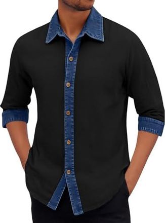 Generic Chemise habill&eacute;e pour homme adulte boutonn&eacute;e en denim patchwork &agrave; manches longues, coupe droite, chemise daffaires, col &agrave; revers, haut formel, tendanc