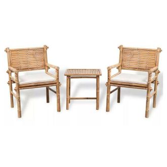 Les Tendances Salon de jardin 3 pi&egrave;ces bambou clair coussins blanc Kyca