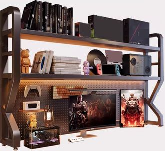 Generic Schreibtischregal, Stabil und rutschfest aus Kohlenstoffstahl mit Gelochtem Pegboard, Offenes Design, Desk Shelf for Wohnheim, Haus, Büro(Black,135X25