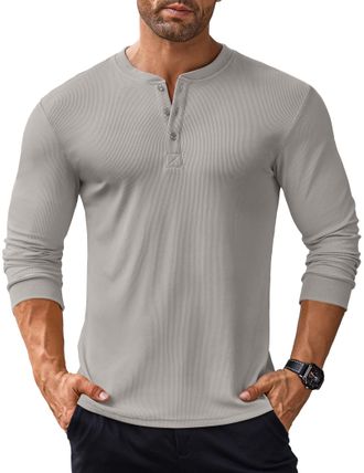 Coofandy Langarmshirt Herren Henley Shirt Langarm Tshirt mit Knopfleiste Shirts Langarm Herren Henley Pullover Gerippt Oberteile Basic Tops für Männer Hellgrau