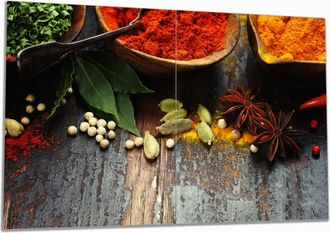 Wallario Herdabdeckplatte/Spritzschutz aus Glas, 2-teilig, 80x52cm, f&uuml;r Ceran- und Induktionsherde, Gew&uuml;rze auf Holz - uriger Holztisch in der K&uuml;che