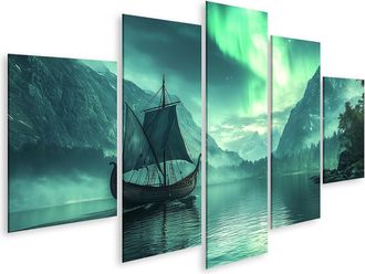Islandburner Bild auf Leinwand Wikingerschiff unter Nordlichtern und Bergen Bilder Wandbilder Poster