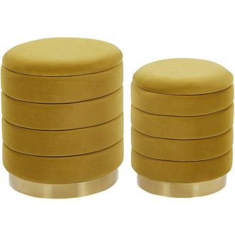 Beliani Beliani - Lot 2 Poufs Coffres de Rangement en Velours Jaune Fonc&eacute; et Base en Acier Dor&eacute; Id&eacute;als pour Chambre ou Salon au Design Glamour et Chic