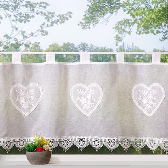 Heimtexland Scheibengardine Landhaus Gardine Leinen-Optik Natur Bistrogardine 45x120 Makramee Borte Typ896 Herz Applikation
