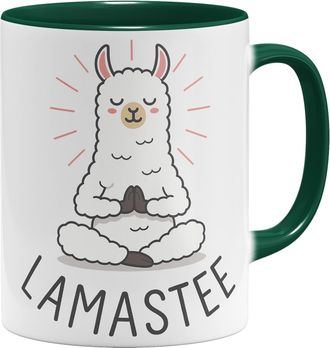 OM3 lustige Lama Kaffee-Tasse mit Spruch - Namaste Alpaka Yoga Motiv - Keramik Becher - 325ml - Beidseitig Bedruckt - Gr&uuml;n