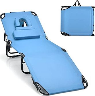 Giantex Chaise Longue Pliante pour Bronzage, Charge 160 kg, Dossier R&eacute;glable &agrave; 5 Positions, Repose-Pieds &agrave; 2 Positions, Bain de Soleil, Trou pour Visage, Tran