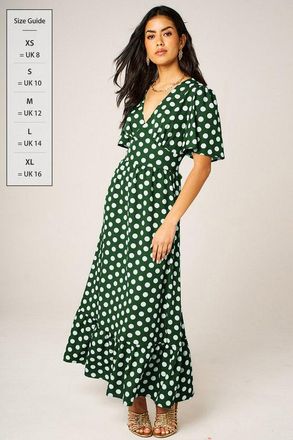 FS Collection Maxikleid Damen Maxikleid Sommerkleid Freizeitkleid Wickeloptik Gepunktet Wickeloptik, Punkte-Muster, Volantsaum, betonte Taille