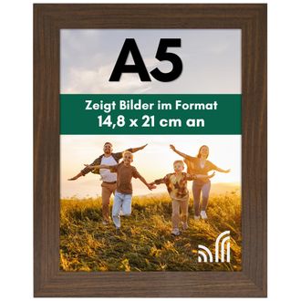 Americanflat Bilderrahmen A5 Walnuss - DIN A5 Bilderrahmen aus Verbundholz mit Bruchsicherem Glas - Horizontale und Vertikale Formate f&uuml;r die Wand und den Tisch