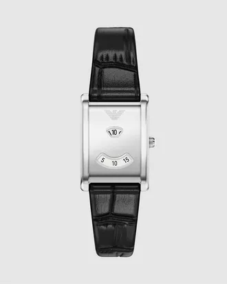 Emporio Armani Uhr mit zwei Zeigern aus schwarzem Leder in Silber