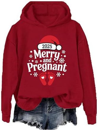 Generic Merry Christmas Sweat à Capuche Maternité Fun Noël Maternité Sweatshirt Femme Noël Maternité Top Noël Bébé Manches Longues Chemise Unisexe, Rouge, XXL