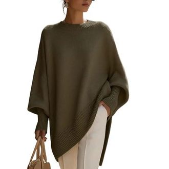 Generic Pull surdimensionn&eacute; &agrave; manches chauve-souris pour femme d&eacute;contract&eacute; col rond tendance pull ample en tricot c&ocirc;tel&eacute; doux et confortable, Vert, XXL