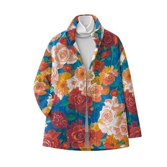 Keephen Femmes Flou Veste Botanical Boho 3D Impression Léger Bouton vers Le Bas Chaud Doux Polaire Manteau Automne Hiver Chaud Vêtement extérieur