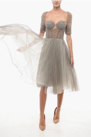 Elisabetta Franchi Tulle Midi Dress with Jeweled Details size 40