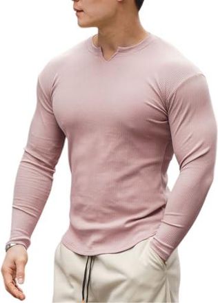 Generic T-shirt d&eacute;contract&eacute; &agrave; manches courtes et longues en coton pour homme avec col en V, rose, XXL