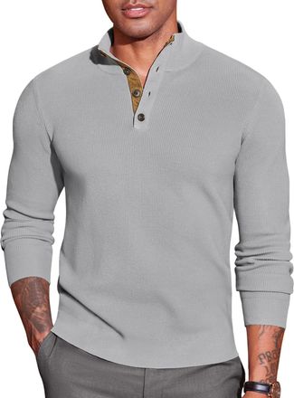 Coofandy Herren Pullover Half Neck Stehkragen Retro Strickpullover mit 1/2 Kn&ouml;pfe Wildleder Pulli Winterpullover Sweater Hellgrau XXL