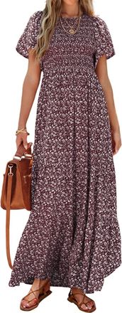 PrettyGarden Damen 2024 Sommer Casual Flattern Kurzarm Boho Floral Maxikleid Rundhals gesmokte gestufte Lange Kleider, Weinrot, X-Gro&szlig;