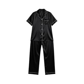 Generic YUJIEBB Ensemble de pyjama en satin grande taille pour femme, haut &agrave; manches courtes et pantalon long, v&ecirc;tements de nuit 2 pi&egrave;ces, col crant&eacute; et bouto