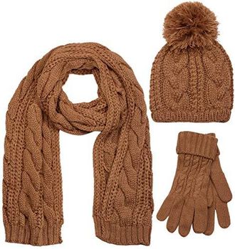 styleBREAKER Ensemble compos&eacute; dune &eacute;charpe, dun bonnet et de gants, &eacute;charpe loop avec motif tricot&eacute;, bonnet &agrave; pompon et gants, femmes 01018208, couleur:Cognac/&eacute;cha