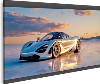 Islandburner Prime Bild auf Leinwand Silberner Supersportwagen bei Sonnenuntergang am Meer für Wohnzimmer Auto-Enthusiasten Autohaus Bilder Wandbilder Poster