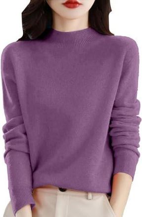 Generic Pull en cachemire pour femme &agrave; manches longues et col rond doux et chaud Pull en laine l&eacute;g&egrave;re en tricot de laine pour femme, violet fonc&eacute;, XXL