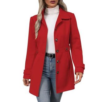 Generic Manteau trench en laine m&eacute;lang&eacute;e pour femme avec col &agrave; revers crant&eacute; simple boutonnage automne hiver tendance d&eacute;contract&eacute;, Rouge, XXL