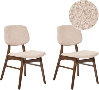 Beliani Lot de 2 Chaises de Salle &agrave; Manger R&eacute;tro Sans Accoudoirs Assise en Tissu Boucl&eacute; Beige Clair Structure en Bois Massif Fonc&eacute; Elaine
