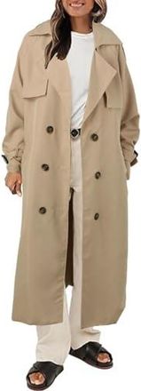 Generic Trench long surdimensionné à double boutonnage avec ceinture - Coupe-vent - Pour femme, kaki, L