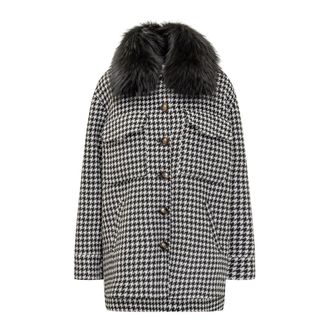 Ava Adore Wollmantel mit Hahnentrittmuster und Fellkragen - - Coats - Damen - Schwarzk - M