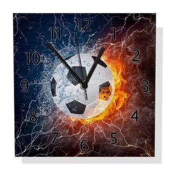 Wallario Design Wanduhr Fu&szlig;ball - Feuer und Wasser aus Aluverbund, Alu-Uhr Gr&ouml;&szlig;e 30 x 30 cm, Schwarze Zeiger mit Metalloptik