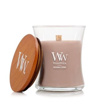 Woodwick Bougie parfum&eacute;e WoodWick avec m&egrave;che cr&eacute;pitante | Bougie Sablier moyenne Patchouli Cr&egrave;me | Bougies &agrave; combustion longue : Jusqu&agrave; 60 heures | Le cadeau p