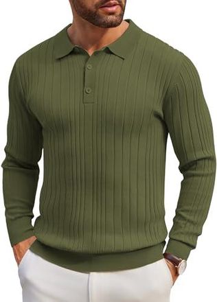 Coofandy Pull Homme Col Polo Manches Longues Tricot Fin Pull Polo Basique Uni pour Hommes Vert arm&eacute;e M