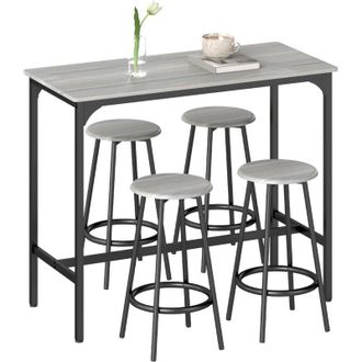 HOMCOM Bartisch mit Barhocker Set, 5-tlg. Bartisch-Set, Küchentisch mit 4 Barhocker, Essgruppe im Industriedesign, für Küche, Esszimmer, Metall, Grau