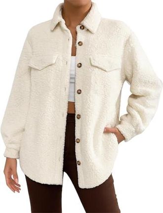 Generic Veste polaire à col boutonné à manches longues pour femme - Vêtement dextérieur décontracté et ample, blanc, XL