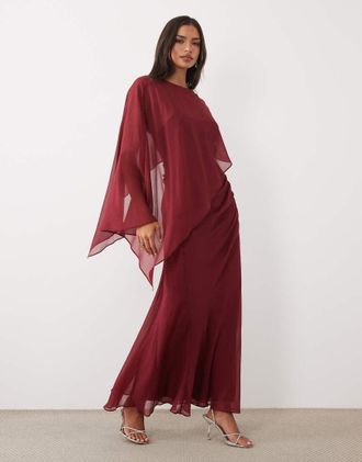 Asos robe longue asym&eacute;trique drap&eacute;e &agrave; manche chauve-souris en bordeaux-Rouge