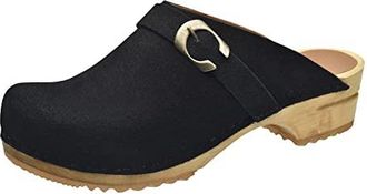 Sanita Hedi | Sabots Ouverts | Produit Original Fabriqué à la Main pour Femme | Sabots en Cuir avec Semelle en Bois | Noir | 40 EU