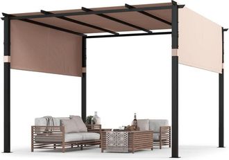 Costway Pergola R&eacute;tractable dExt&eacute;rieur 305 x 305 cm, Pergola M&eacute;tallique &agrave; Toit Plat pour Patio avec Auvent R&eacute;tractable 2 Couvre-soleils &agrave; Enrouleur