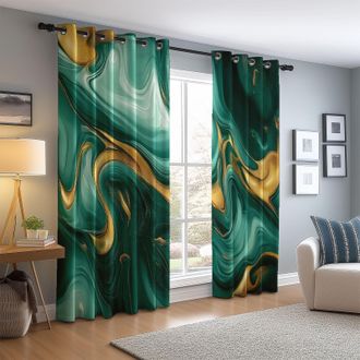 Generic vorhänge (2 x 140 x 175) Halbtransparente Modern Ösenschal für Schlafzimmer Fließende Textur, Grün und Gold, Verflechtung Verdunkelungs Schlafzimmer W
