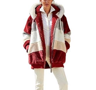 Generic Manteau rembourr&eacute; en laine dagneau contrast&eacute;e avec poche zipp&eacute;e, veste sherpa &agrave; manches longues en fausse polaire pour femme, rouge fonc&eacute;, XXL