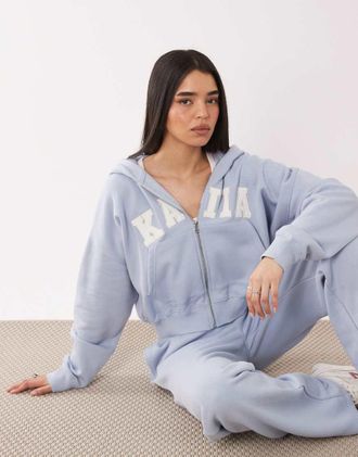 KAIIA Sweat &agrave; capuche densemble oversize zipp&eacute; riche en coton avec logo brod&eacute; - Bleu pastel et blanc-Multicolore